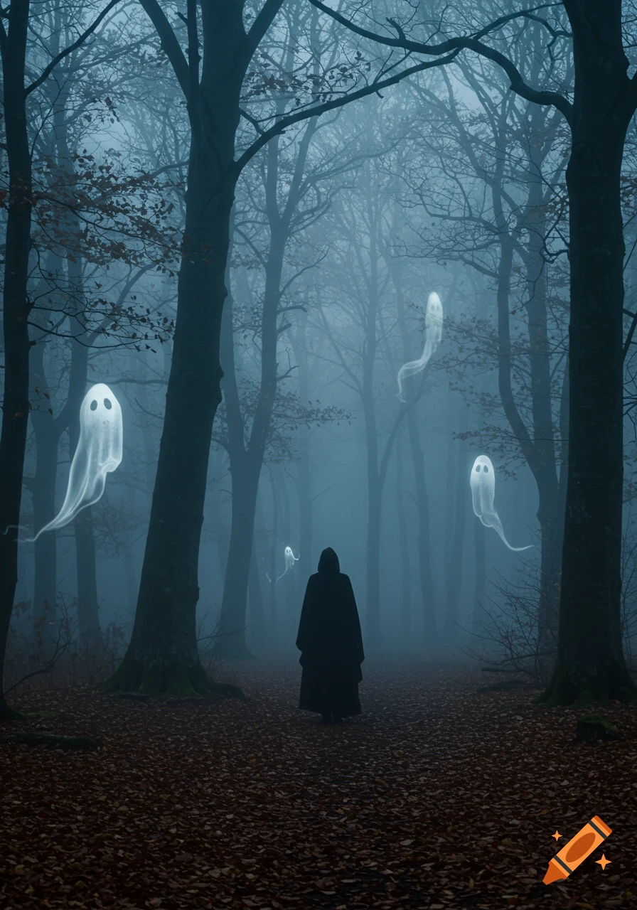 A cloaked figure stands in a dark, misty forest, surrounded by several ...