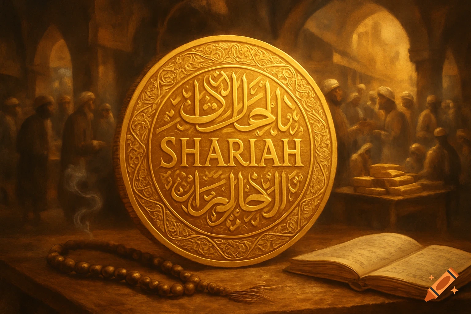 A golden medallion with 'SHARIAH' in English and Arabic script, next to ...