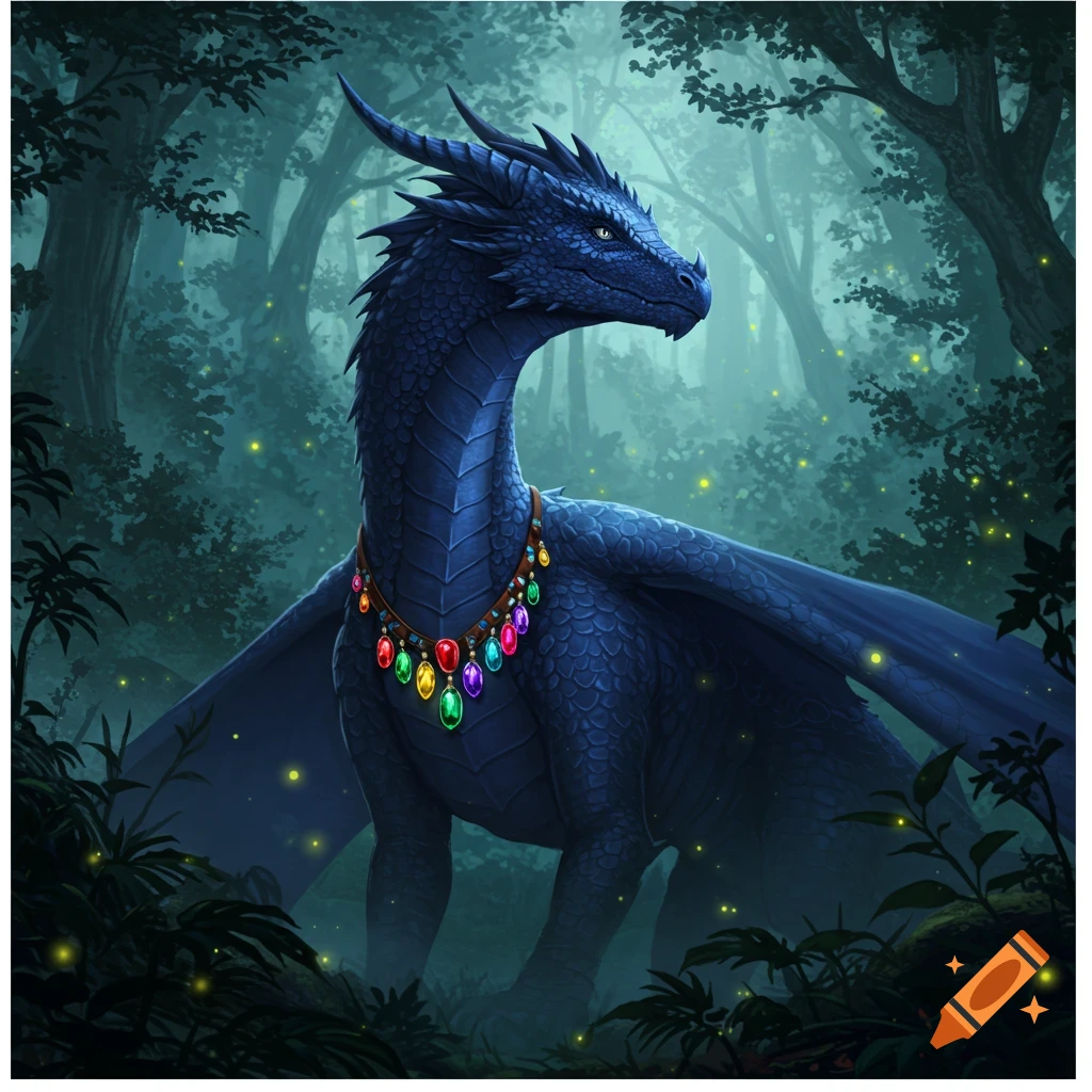 A dark blue dragon with a gemstone necklace stands in a mystical, foggy ...