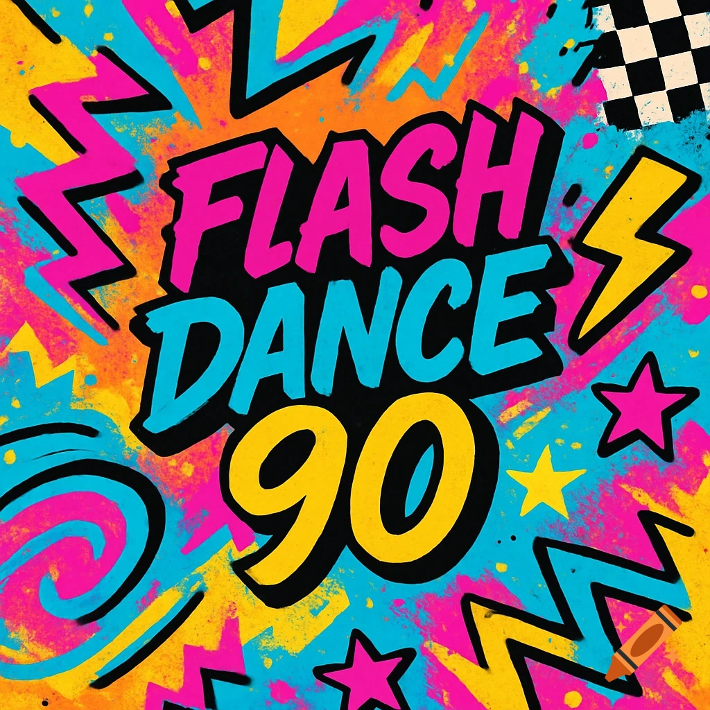 Vibrant 90s style graphic with "FLASH DANCE 90" in pink, blue, and ...