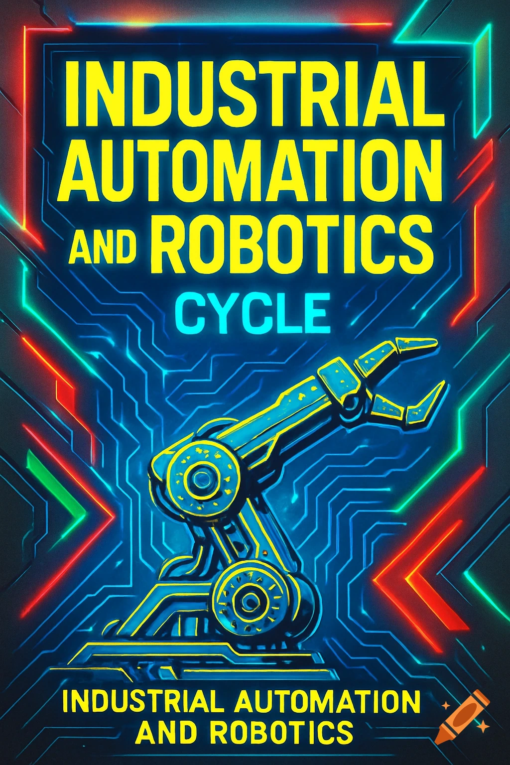 A vibrant neon poster with a robotic arm and circuit board patterns ...