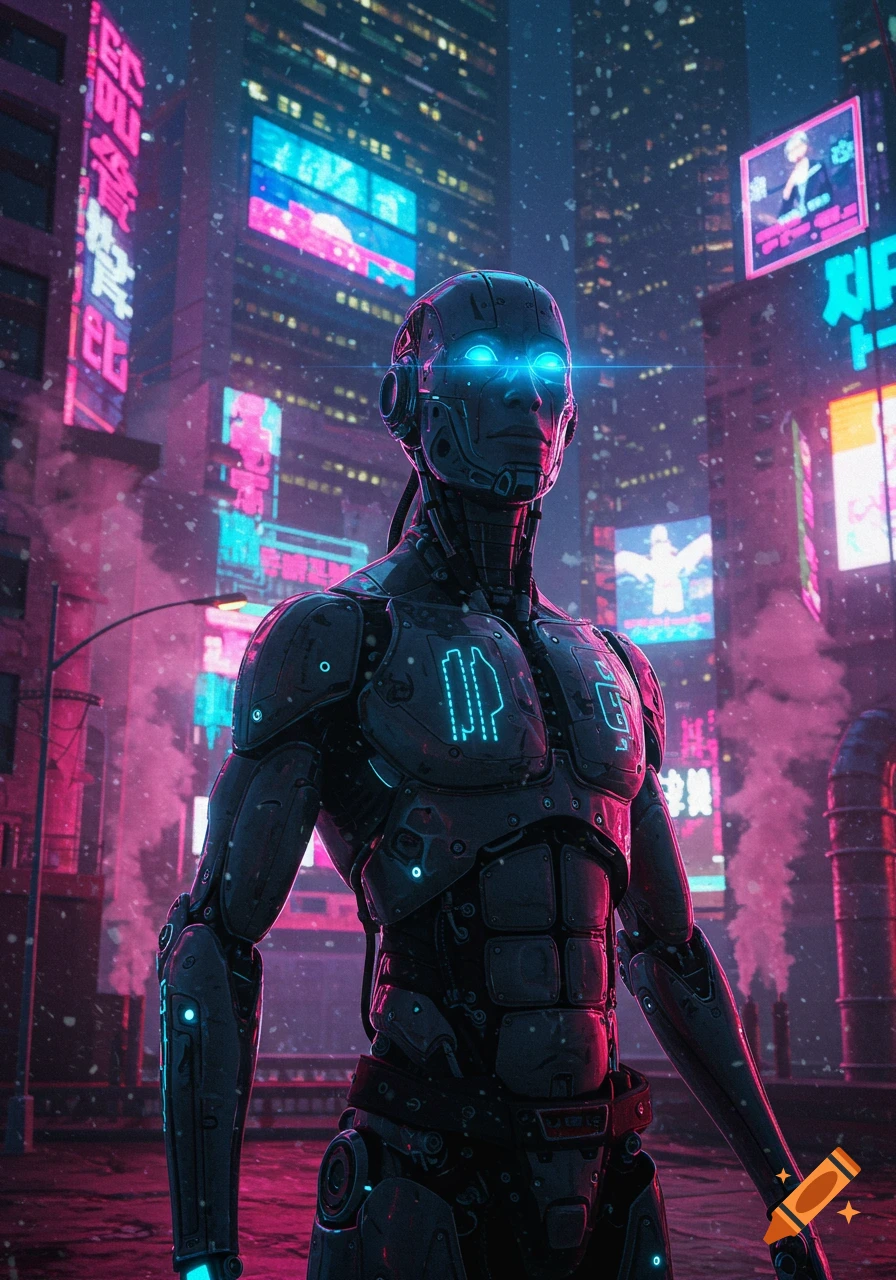 A cyberpunk android with glowing blue eyes stands in a neon-lit ...