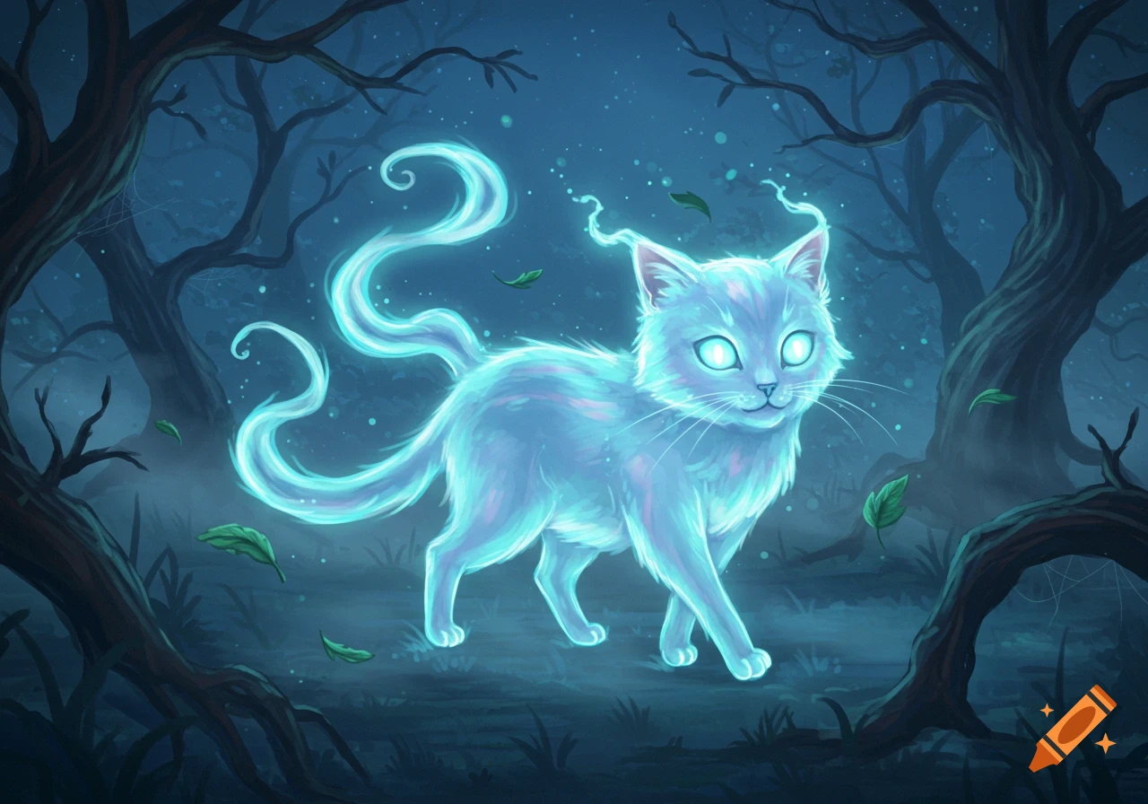 A glowing blue-white ethereal cat with bright eyes walks through a dark ...