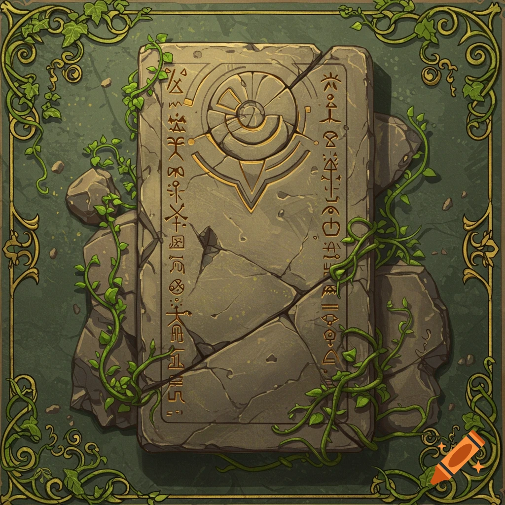 An ancient, cracked stone tablet with intricate golden runes and a ...