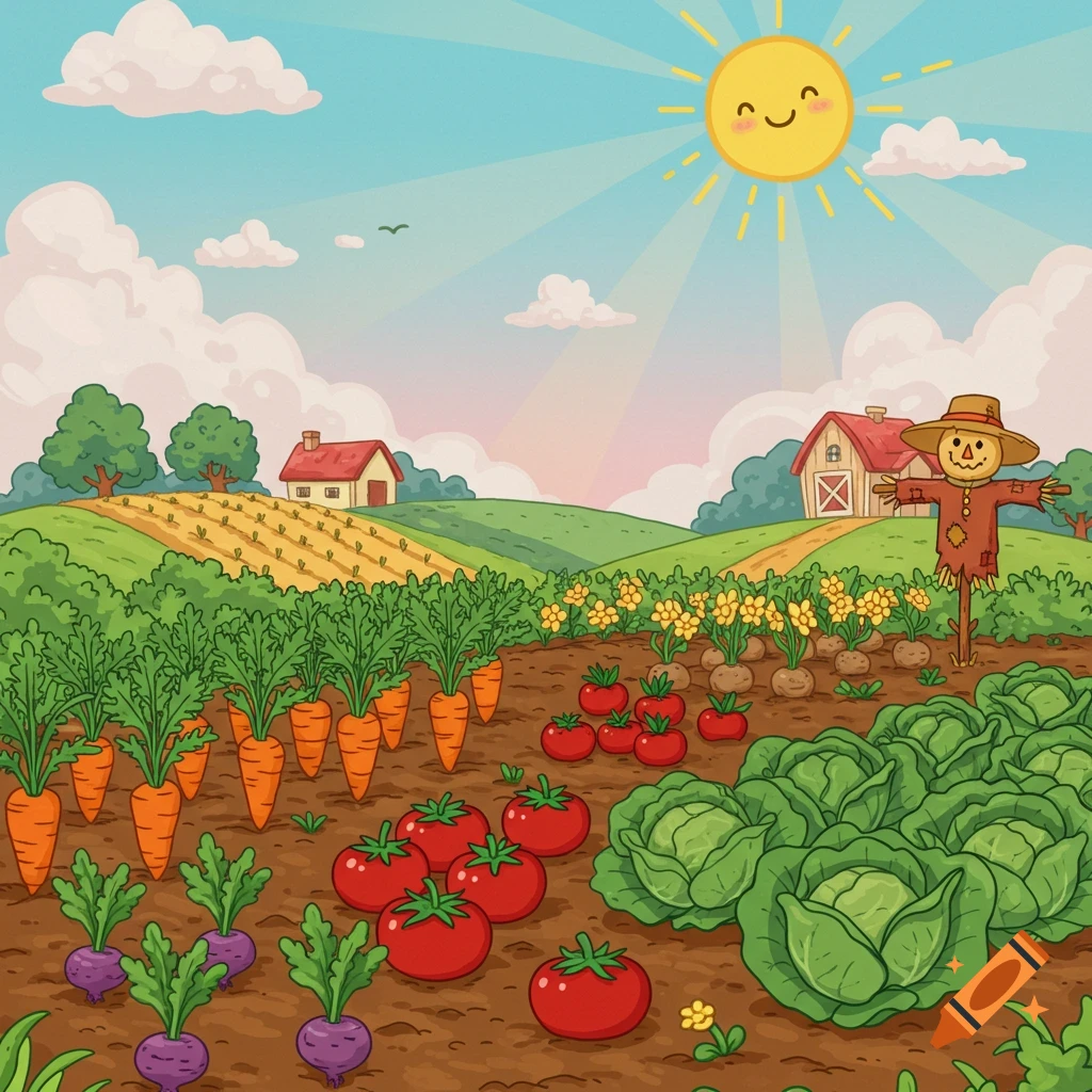 A vibrant cartoon farm scene with rows of carrots, tomatoes, cabbage ...