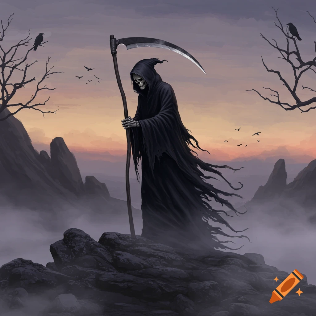 A sad Grim Reaper in a black robe with a scythe stands on a rocky ...
