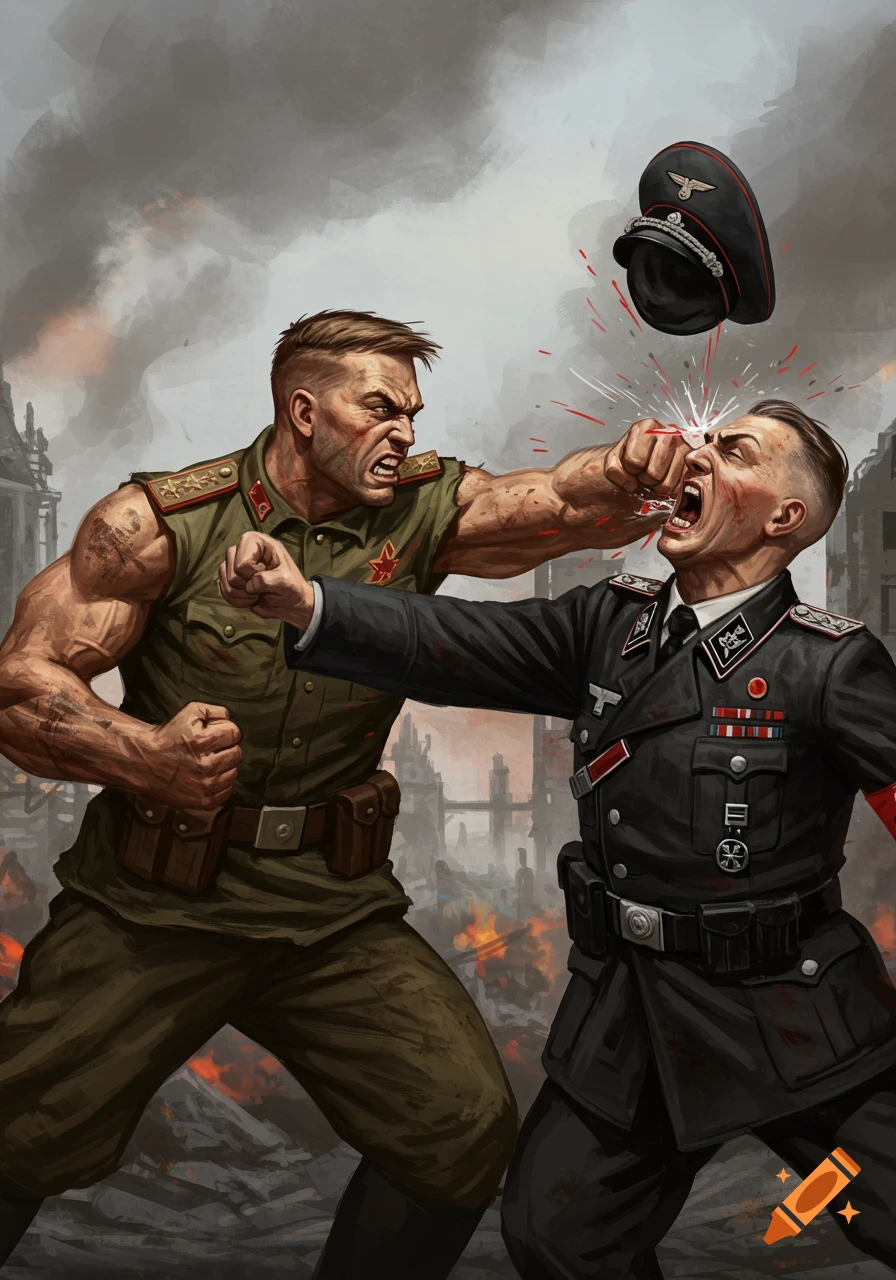 A dramatic illustration of a Soviet soldier punching a Nazi soldier in ...