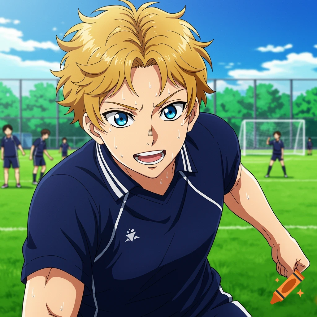 An anime male student with blonde hair and blue eyes, wearing a dark ...