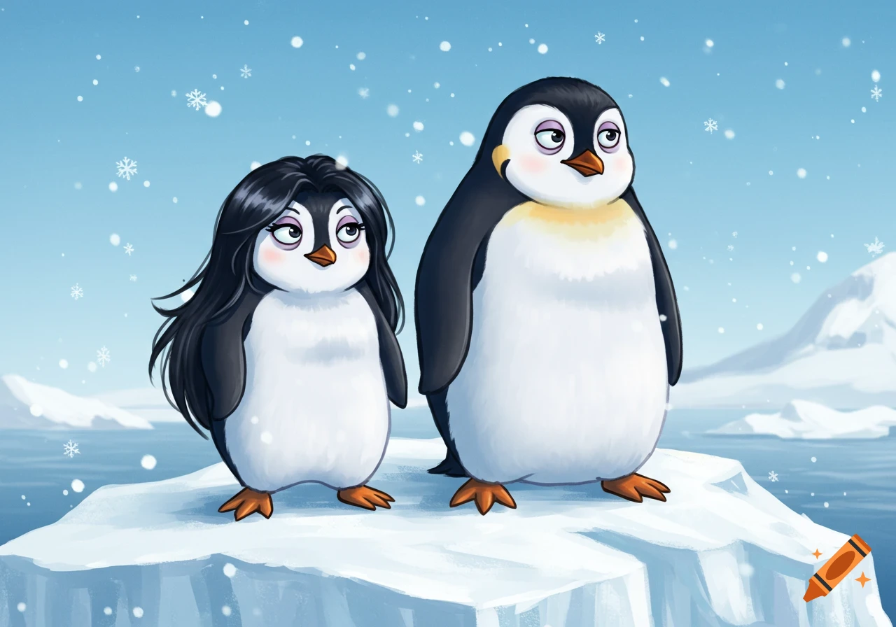 Cartoon female penguin with long black hair and a taller male penguin ...