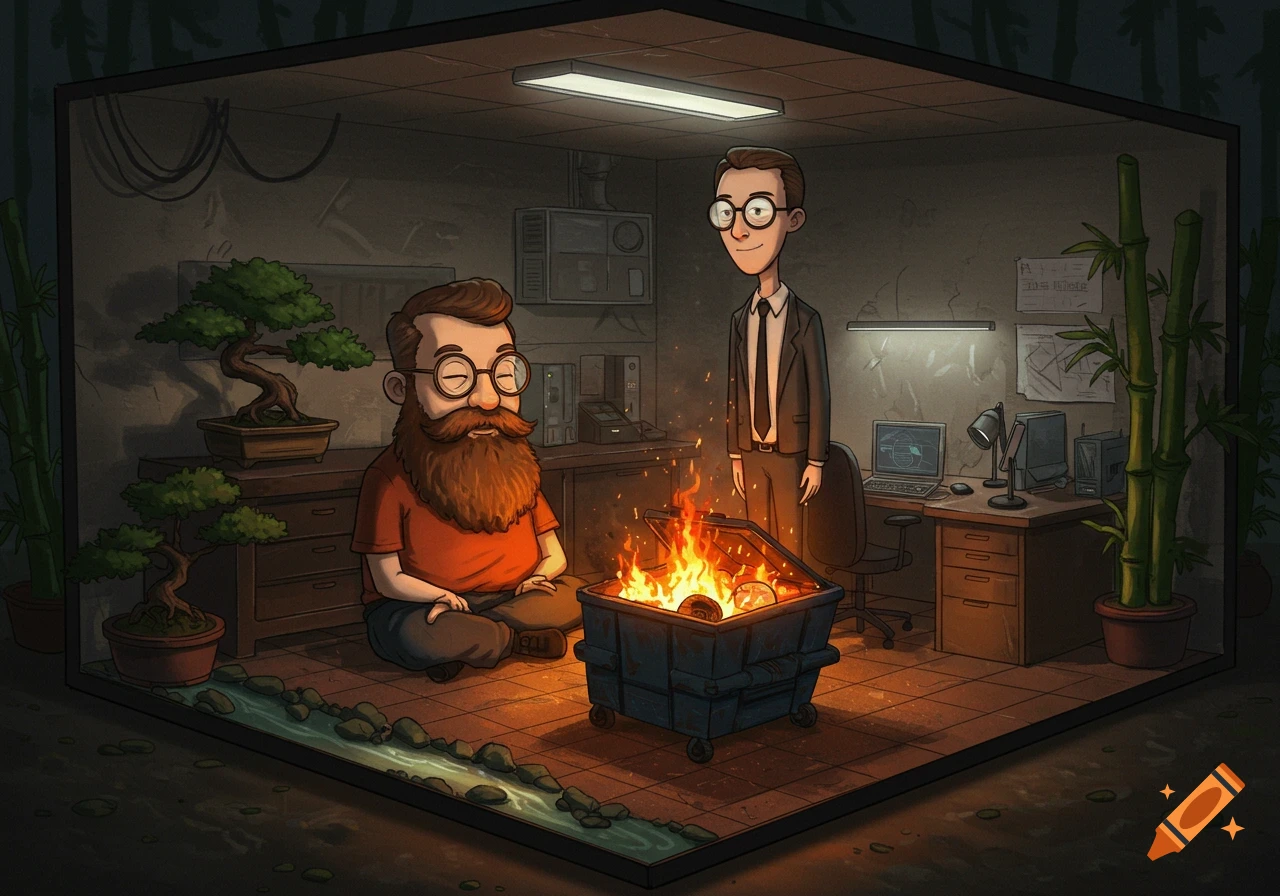 Cartoon illustration of a bearded man meditating by a dumpster fire in ...