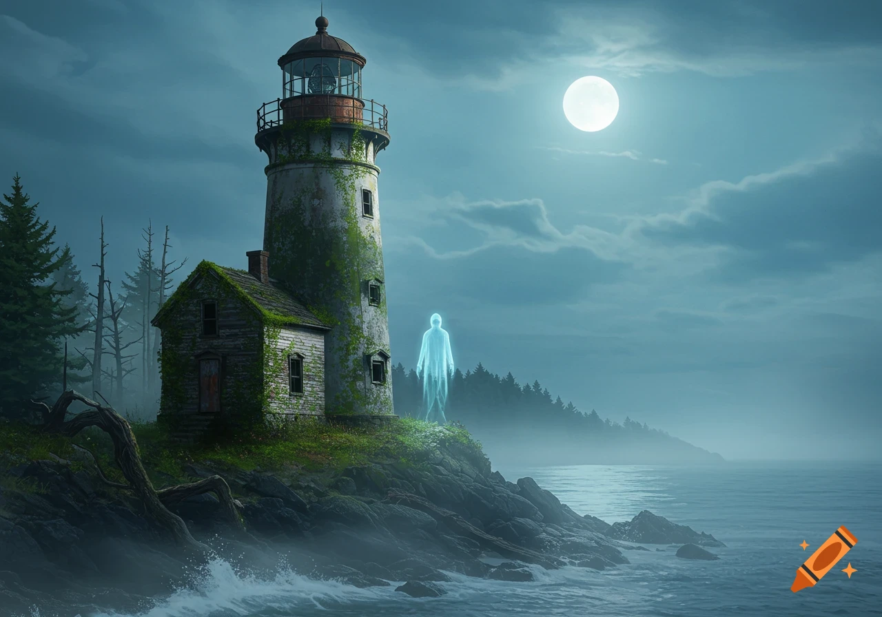 An abandoned, moss-covered lighthouse and house on a rocky coast at ...