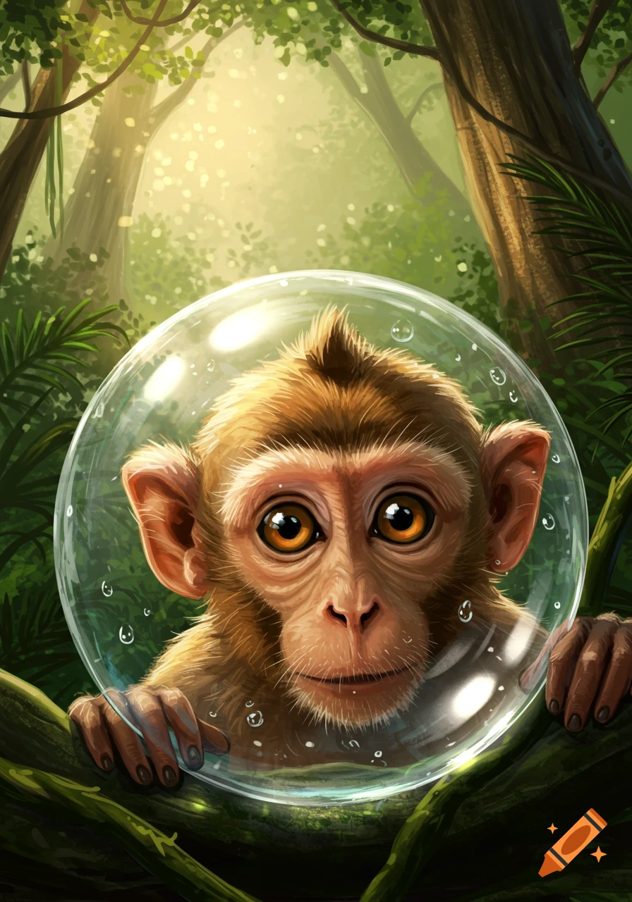 A cute baby monkey with large eyes sits inside a clear glass bubble on ...