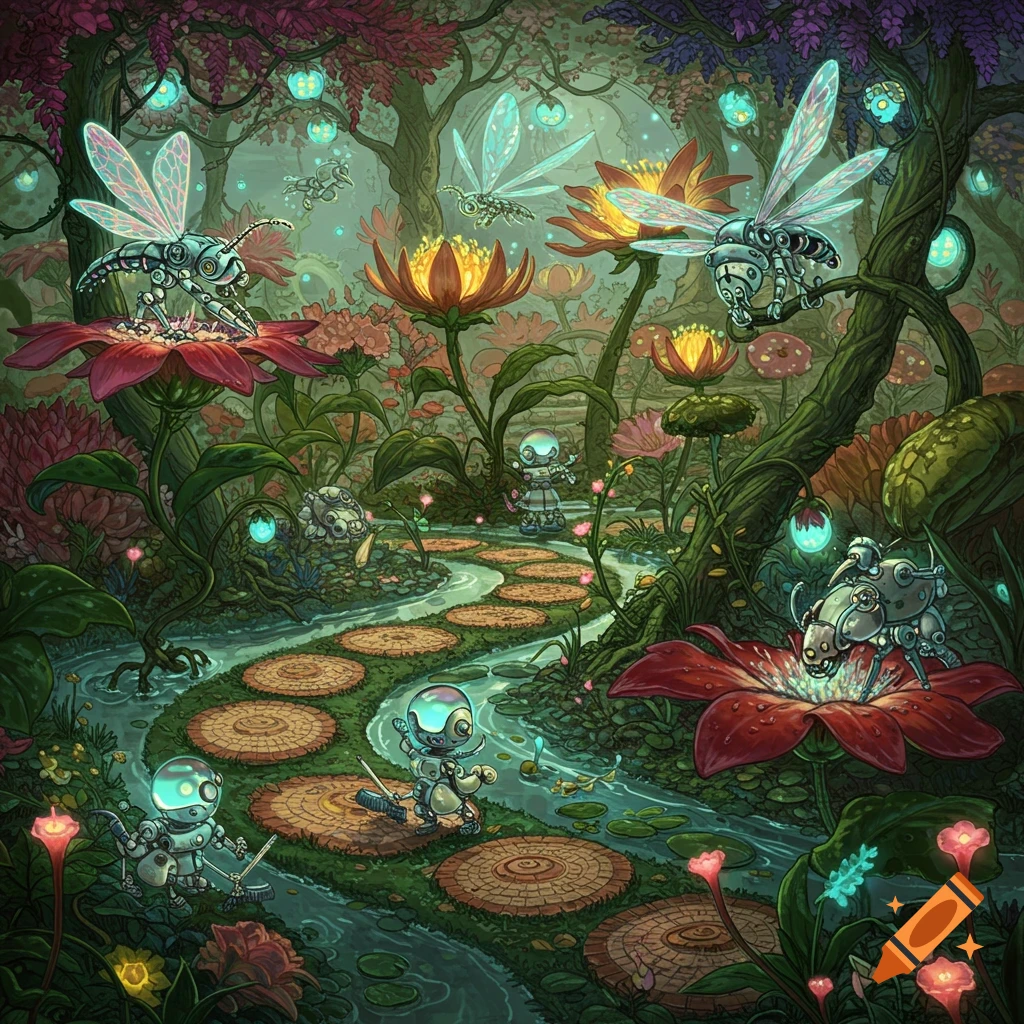 Whimsical, detailed fantasy art of a lush futuristic garden with ...