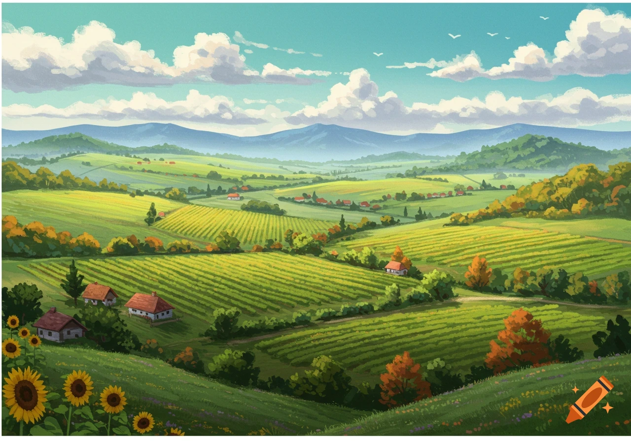 Two people walk down a dirt path through a vibrant vineyard at sunset ...