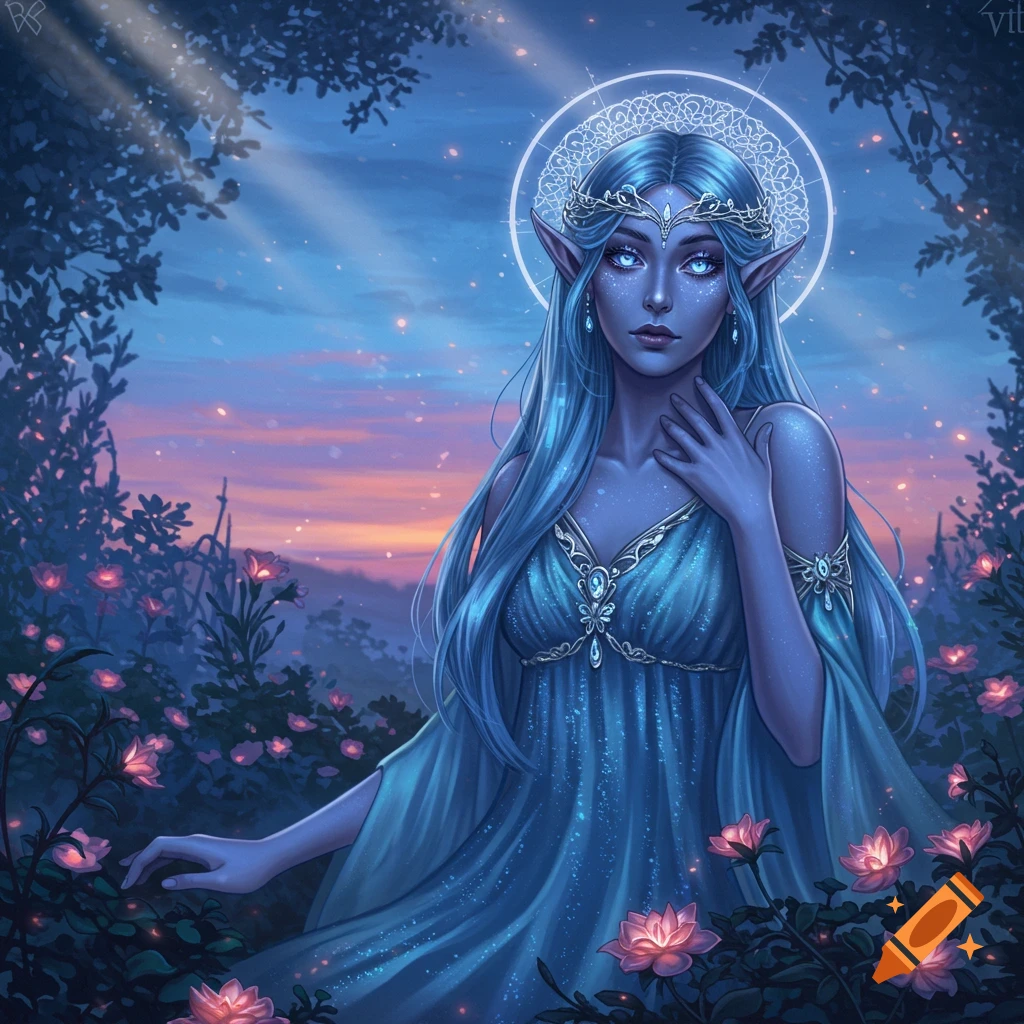 A dark-haired elf with blue eyes stands in an ethereal, moonlit forest with glowing crystals and ...