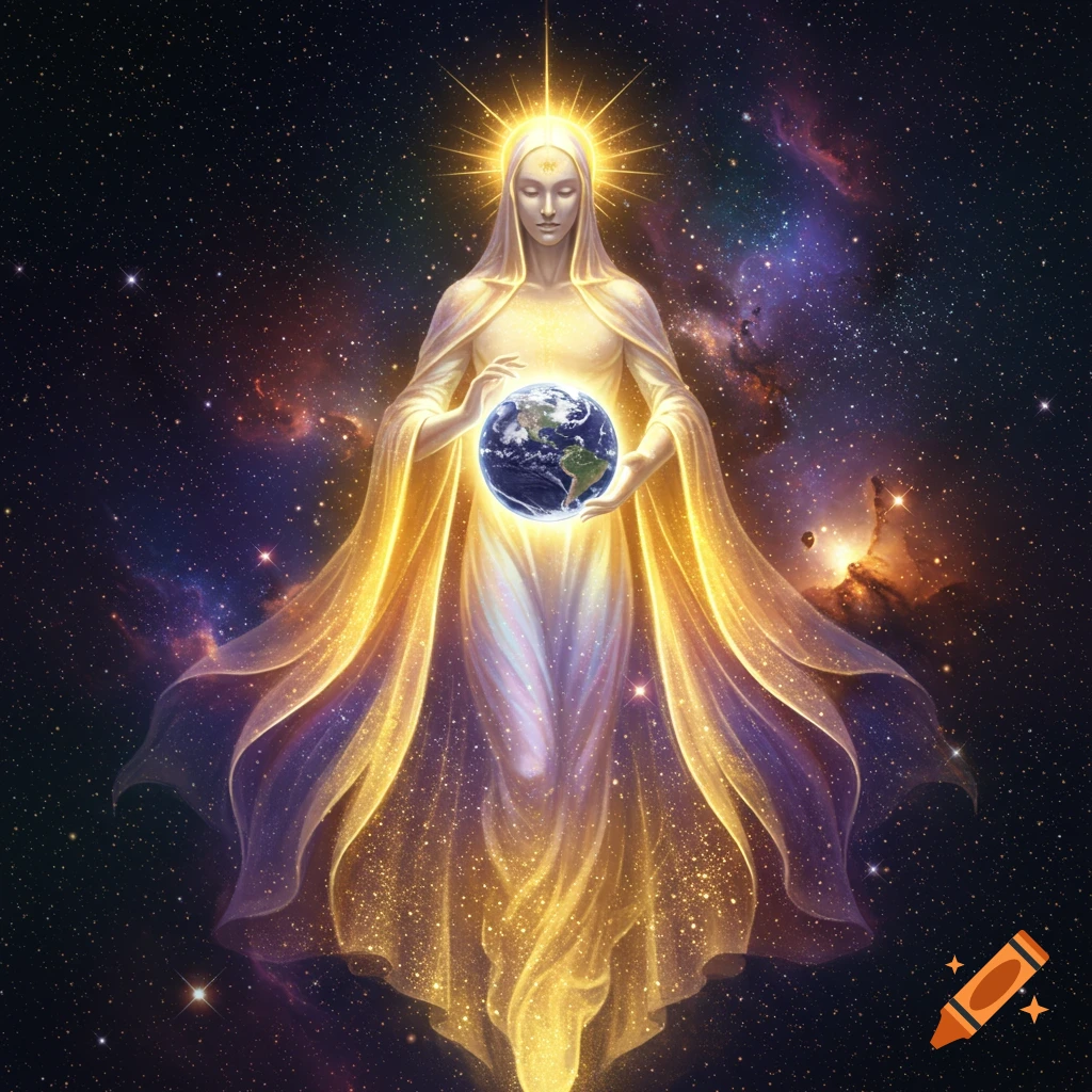 A luminous, cloaked celestial being floats in space, holding the Earth, surrounded by stars and ...