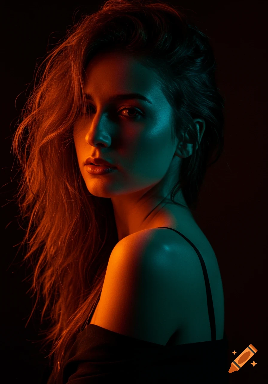 Close-up portrait of a woman in low-key cinematic lighting with "anyxx ...