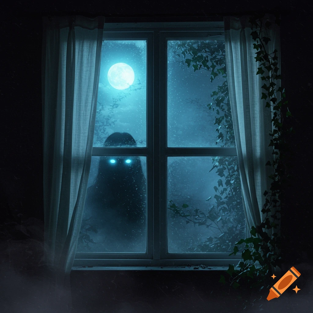 A creepy figure with glowing blue eyes peers through a window at night ...