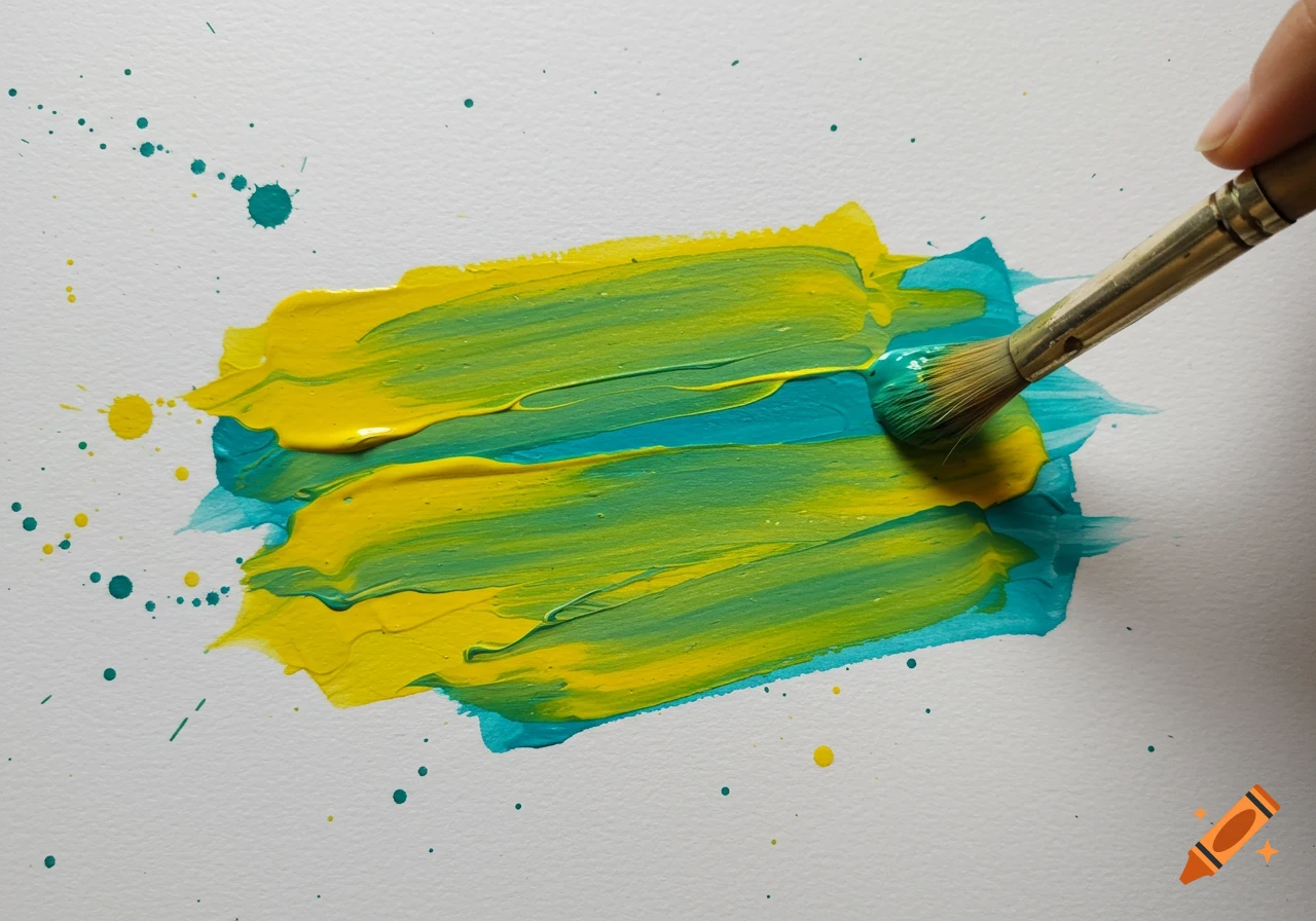 A hand holds an artist's brush, mixing yellow and cyan gouache paint to ...