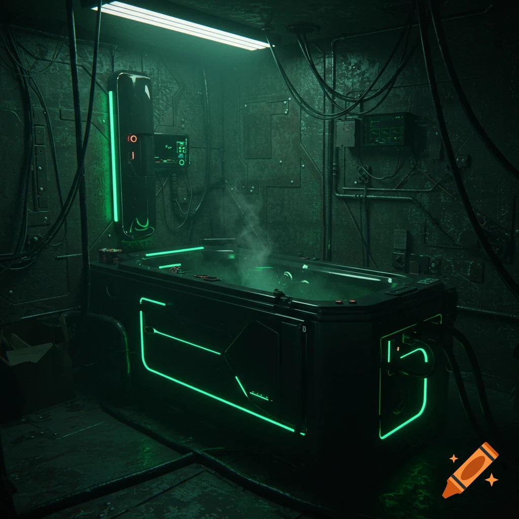 A dark, futuristic, and dystopian bathroom with a glowing green high ...