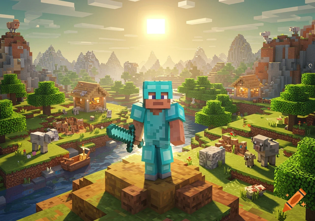 Minecraft players building a large wooden house in a blocky, vibrant ...