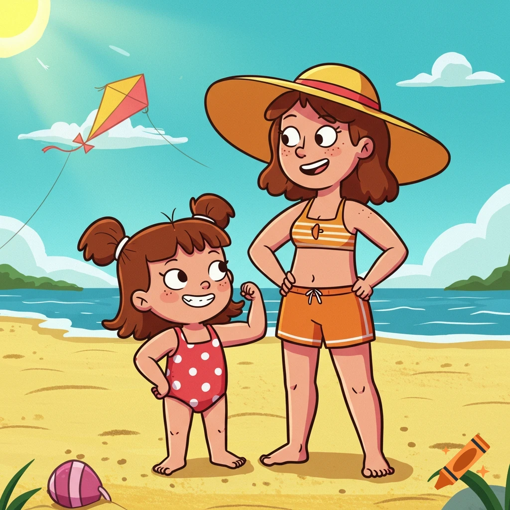 A cartoon mother in a red swimsuit flexes her muscles at the beach ...