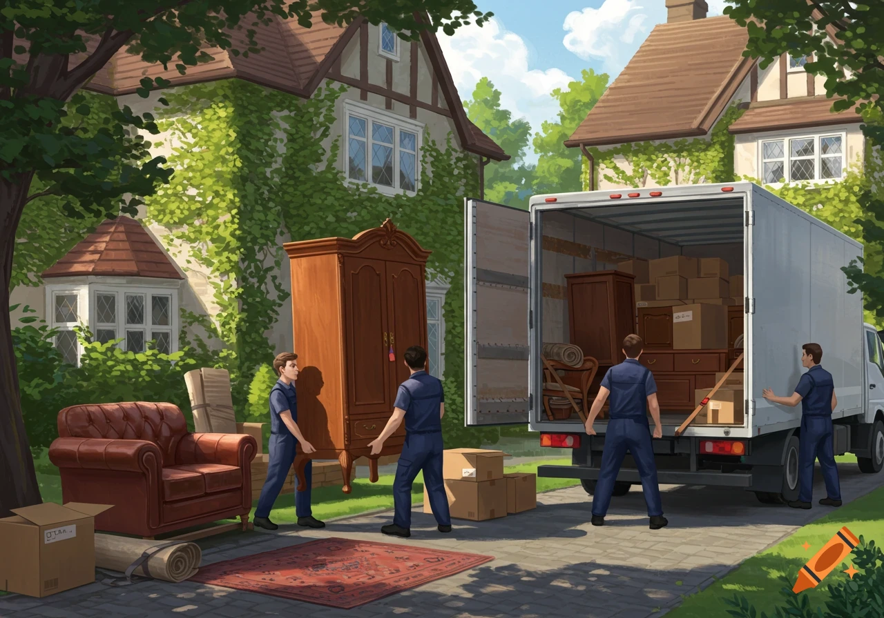 Movers load furniture, including a large wardrobe and armchair, into a ...