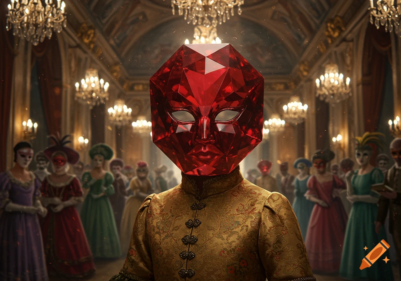 A person in a golden, ornate costume wears a large, faceted ruby mask ...