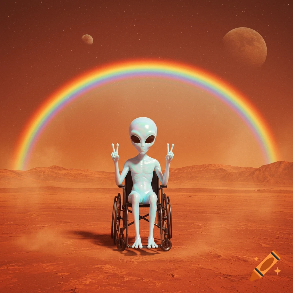 A bald Black child in a wheelchair floats above an erupting volcano ...