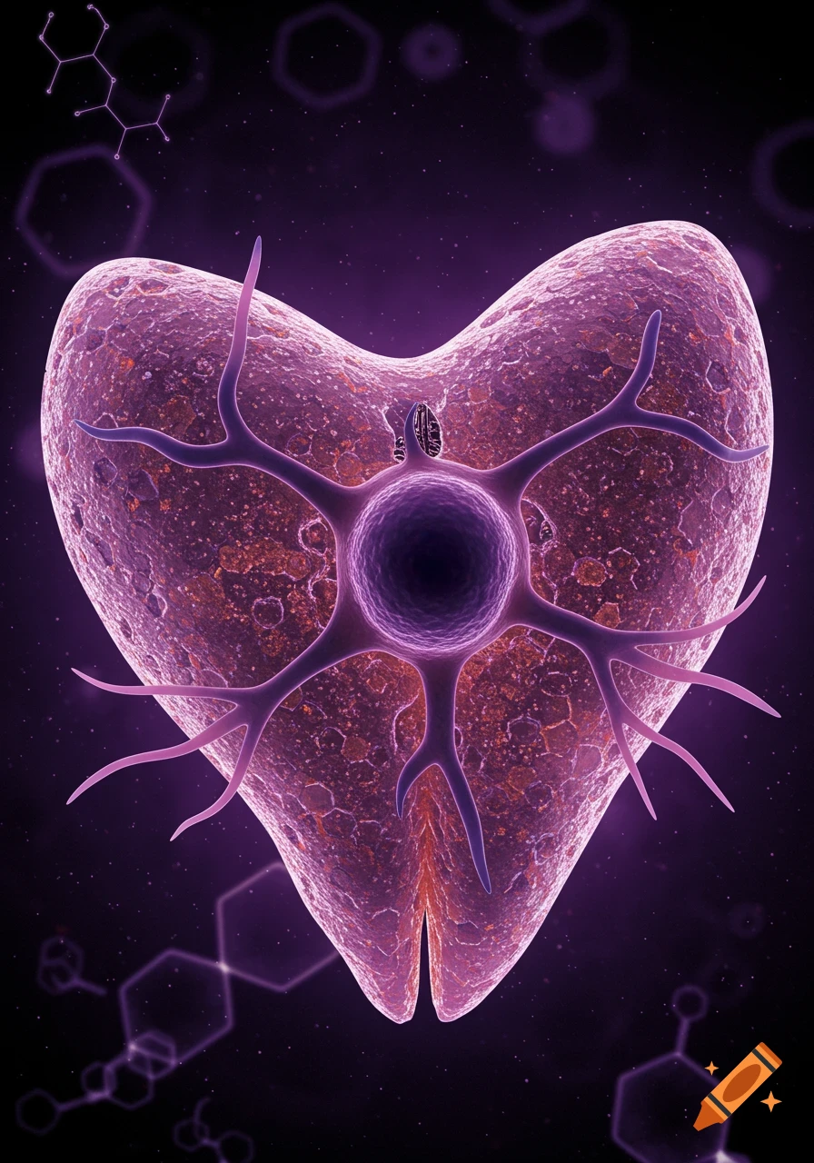 A microscopic, heart-shaped cell or organism with a dark purple nucleus ...