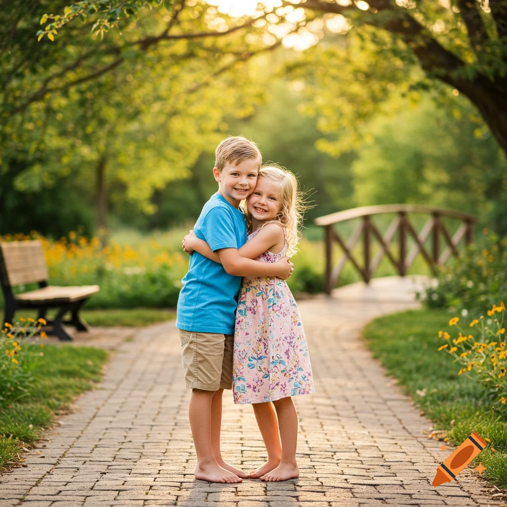 Smurfette carrying a boy in a green park on Craiyon