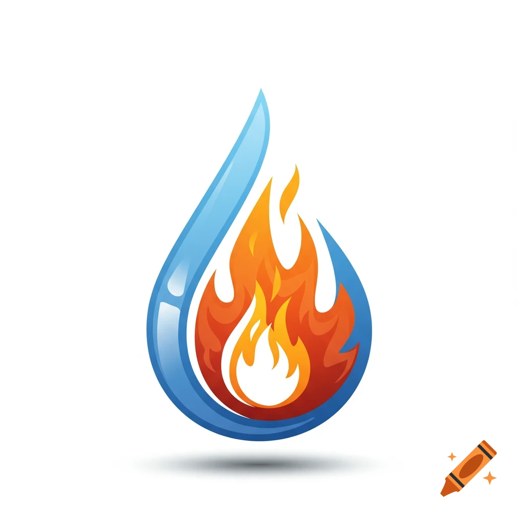 A glossy blue water droplet icon with orange and red flames burning ...