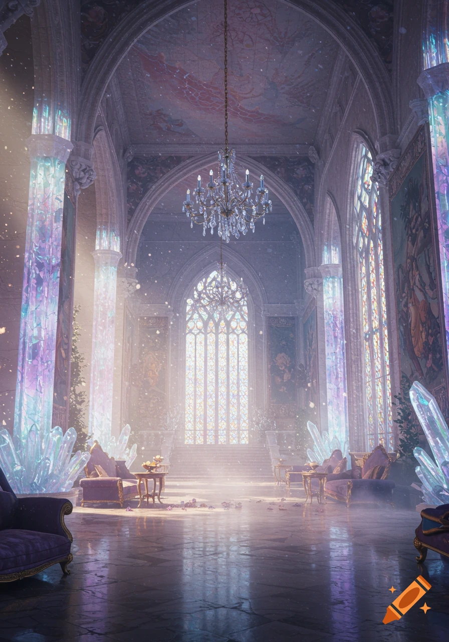 A grand fantasy hall with crystal pillars, ornate chandeliers, stained ...