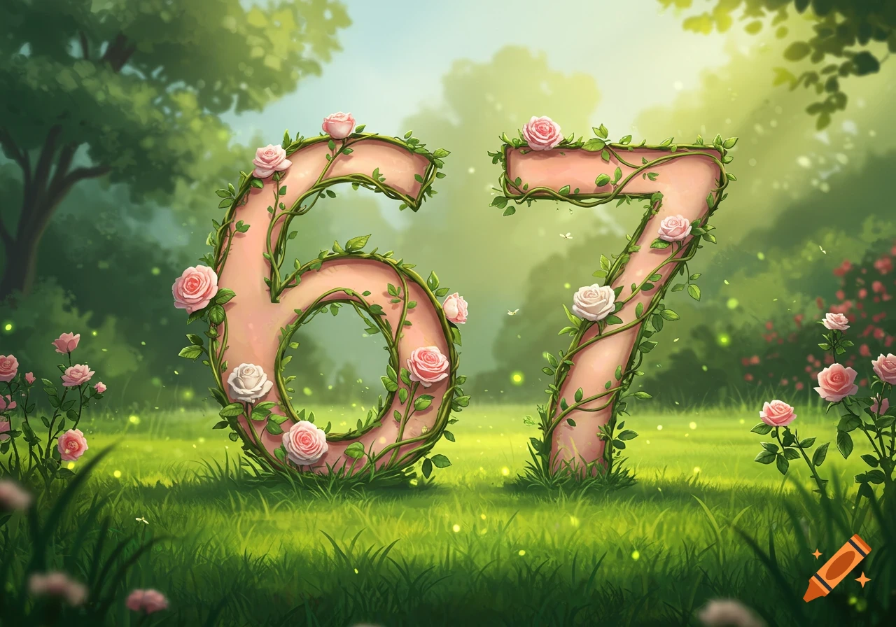 The numbers 67, made of a pink material and covered in green vines with ...