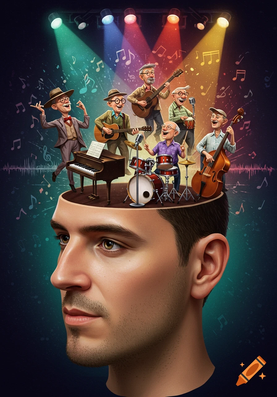 A man's head opens to reveal a cartoon band of elderly musicians ...