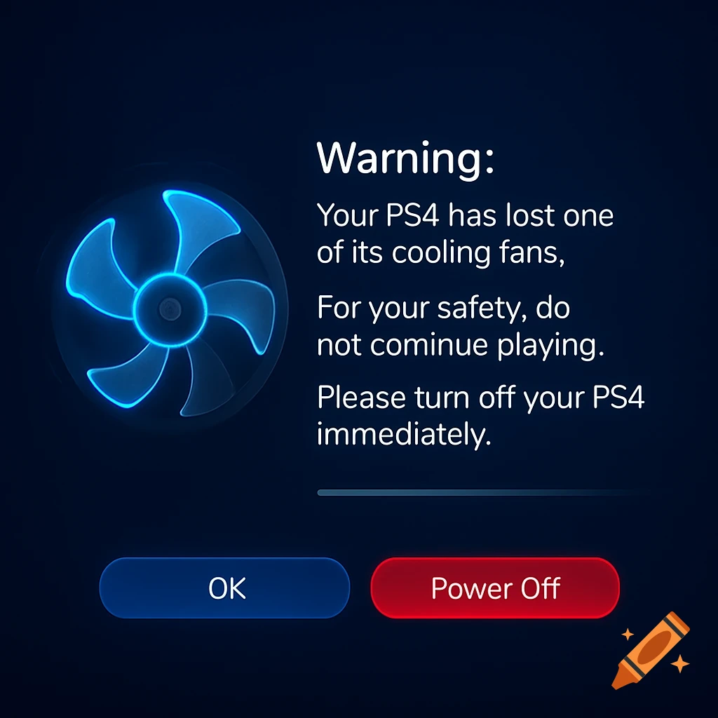 A PS4 error message on a dark blue screen with a glowing blue fan icon ...