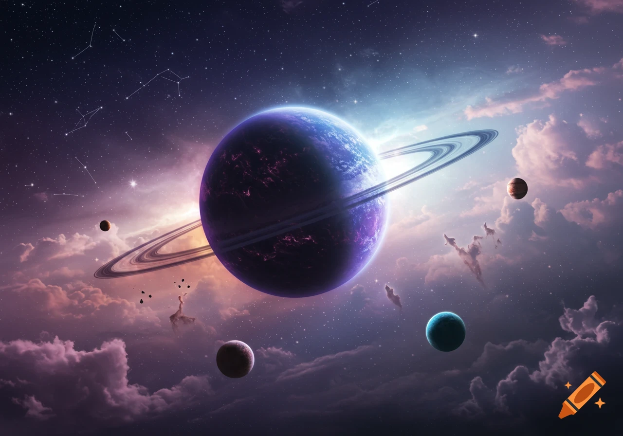 Vibrant alien solar system with a large ringed central planet, multiple ...