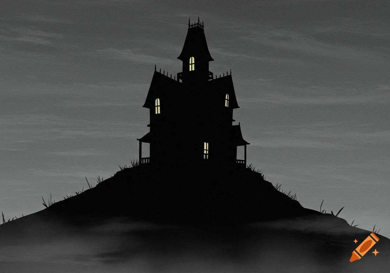 A dark silhouette of a Victorian haunted house with glowing yellow ...