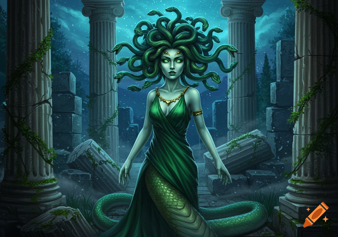 Dark fantasy illustration of an old, monstrous Medusa with snakes for ...