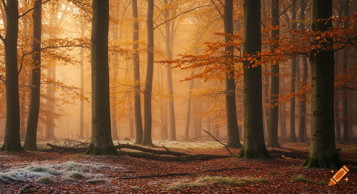 A serene, misty autumn forest with tall trees, golden leaves, warm ...