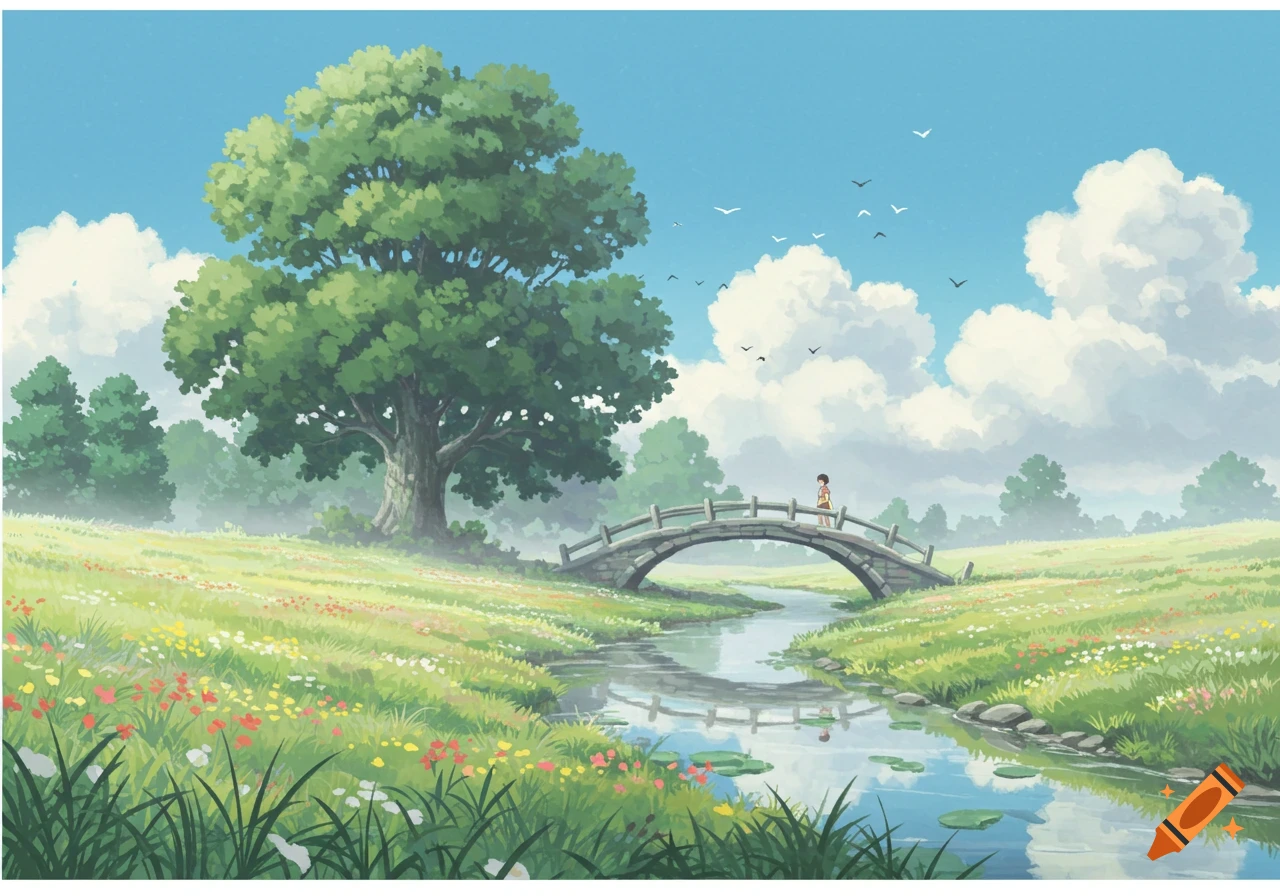 Ghibli-style animated landscape with a large tree, a stream flowing ...