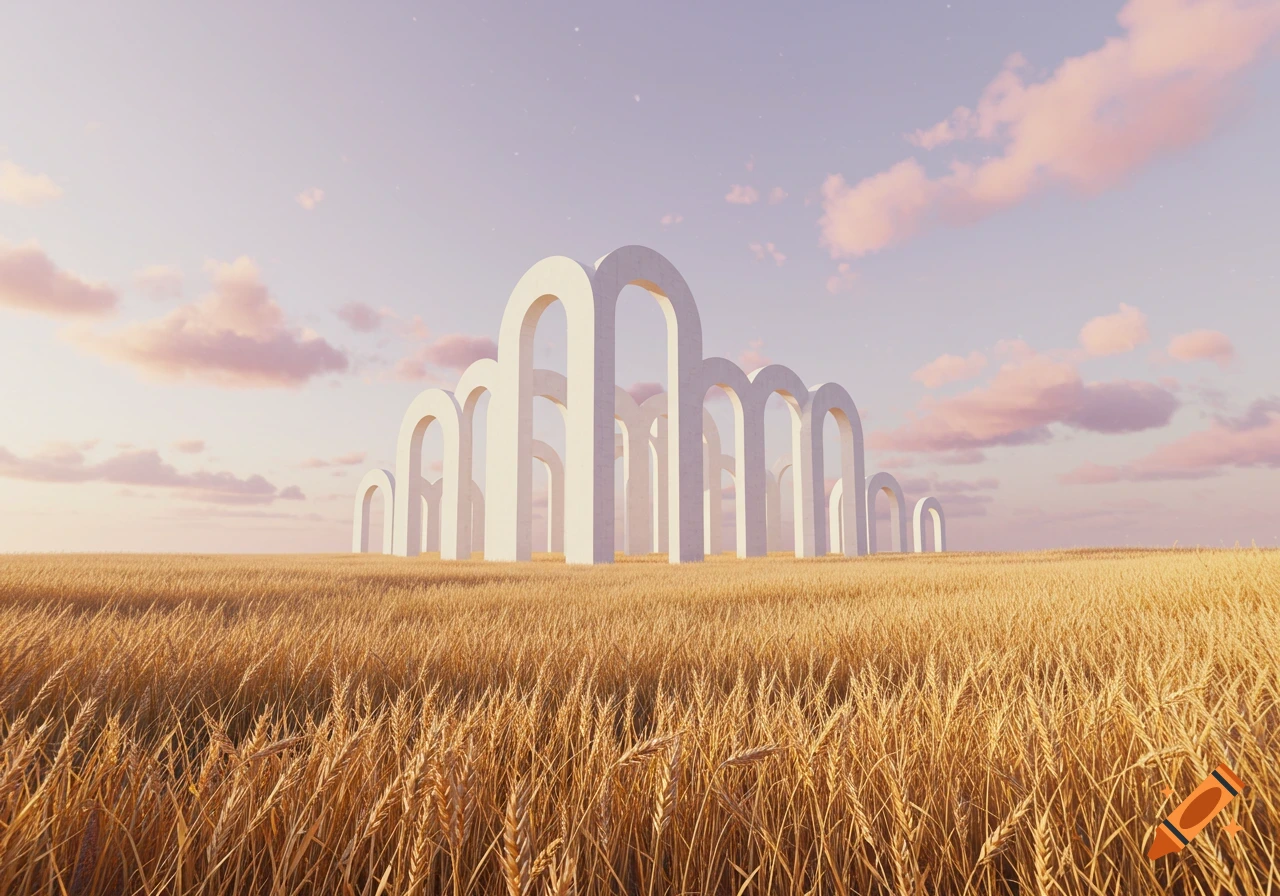A surreal landscape with numerous white arches standing in a golden ...