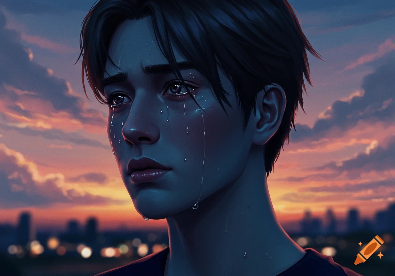 Close-up digital painting of a young man crying with tears streaming ...
