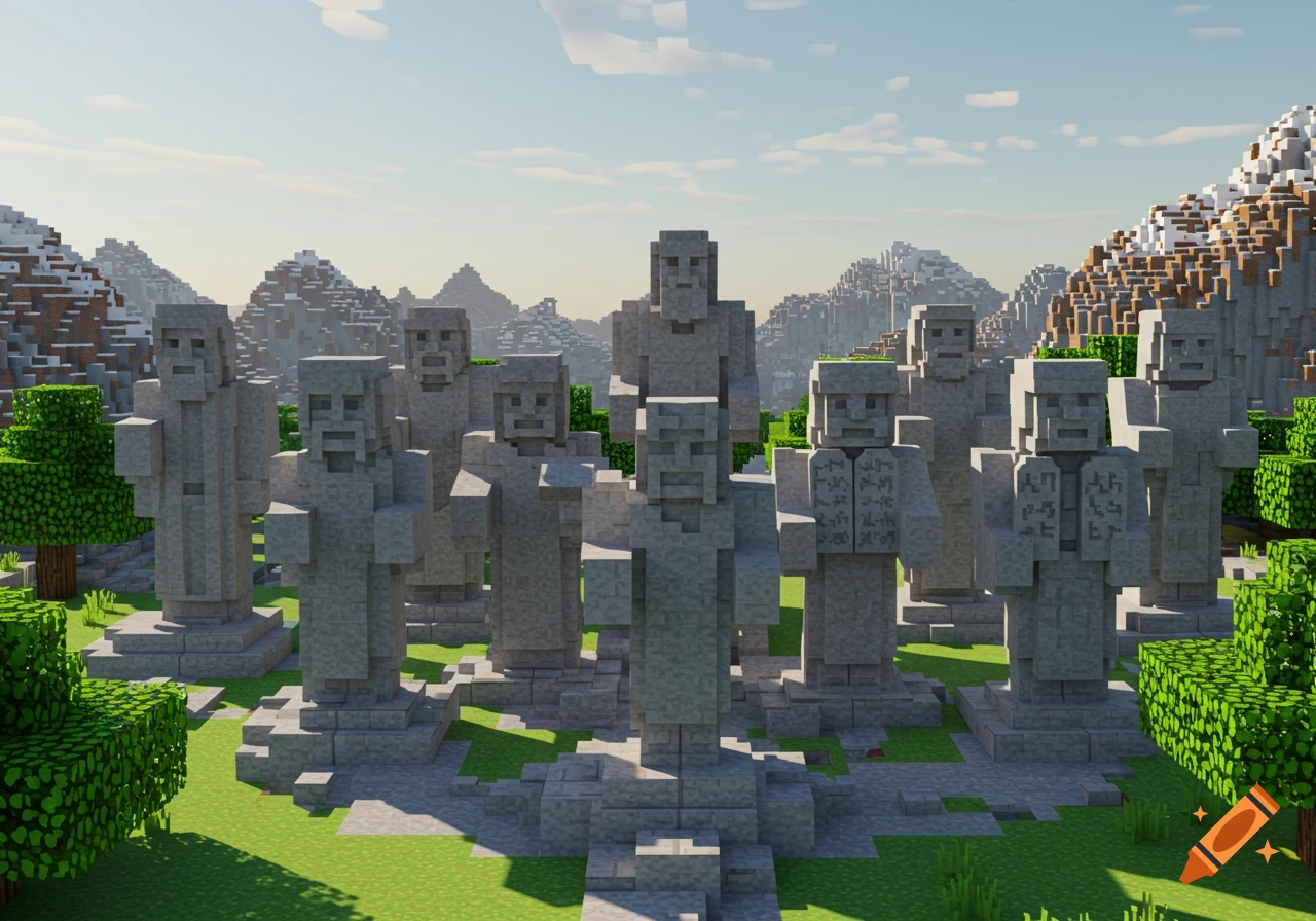 A Minecraft-style Mayan temple, overgrown with vines, surrounded by ...