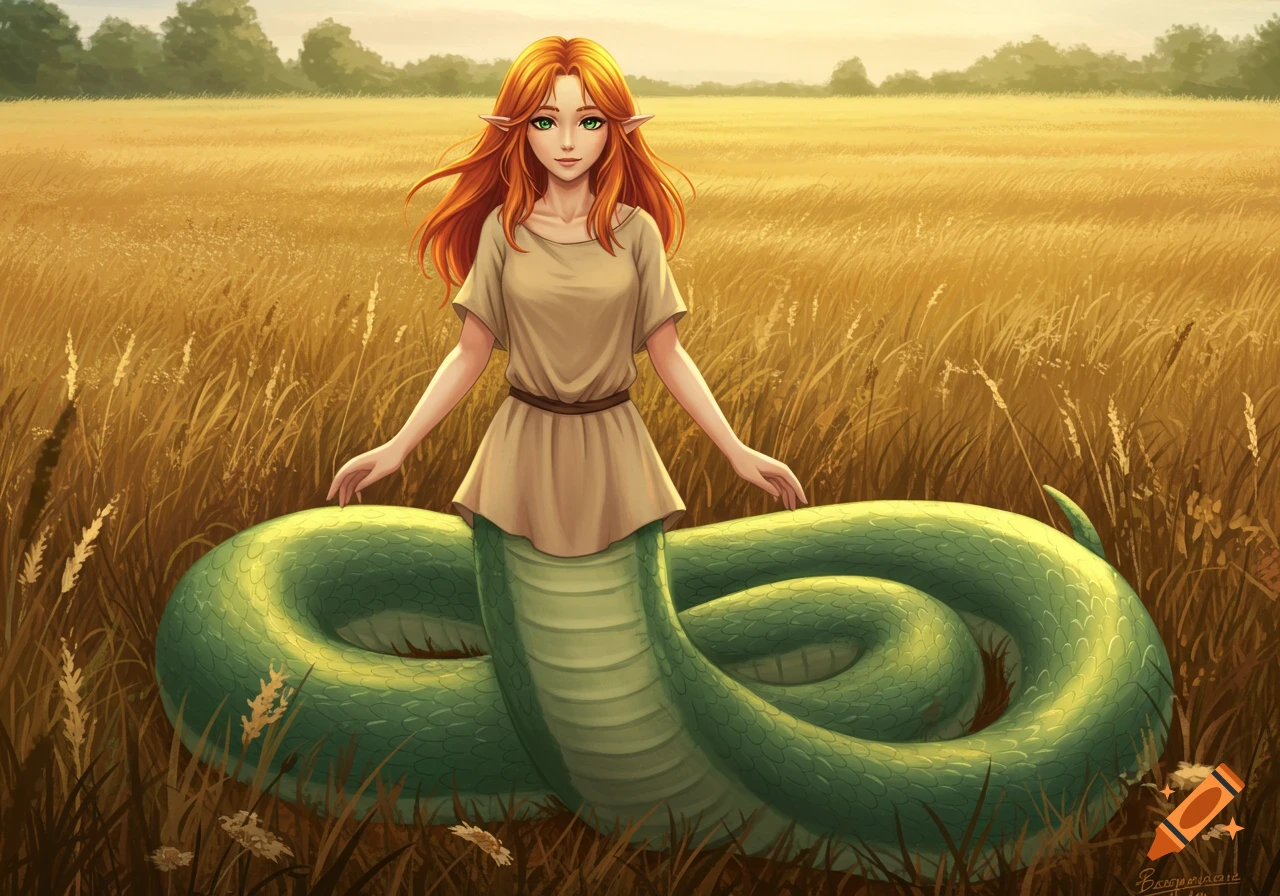 An anime lamia woman with red-gold hair and a green snake body wears a ...