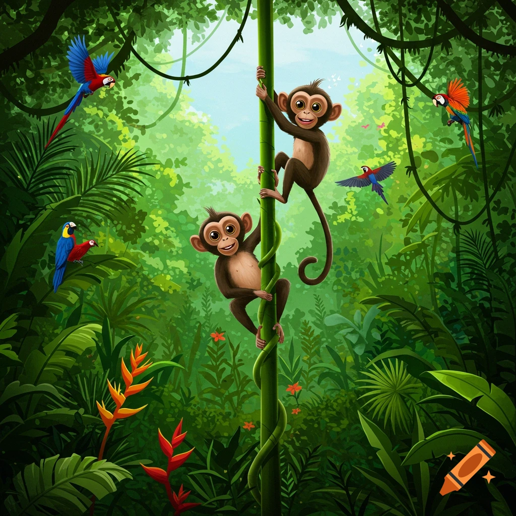 Two happy cartoon monkeys climb a vine in a vibrant green jungle with ...