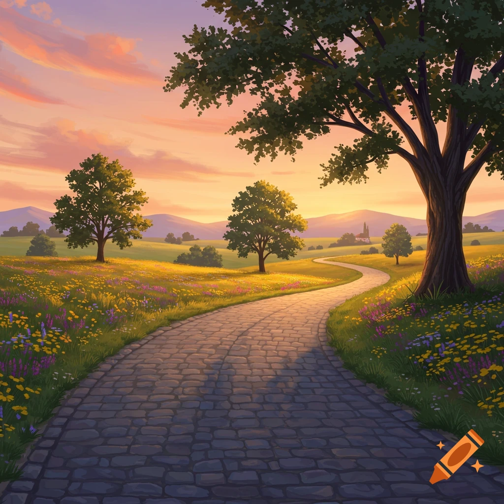A cobblestone path winds through a vibrant meadow with wildflowers and ...