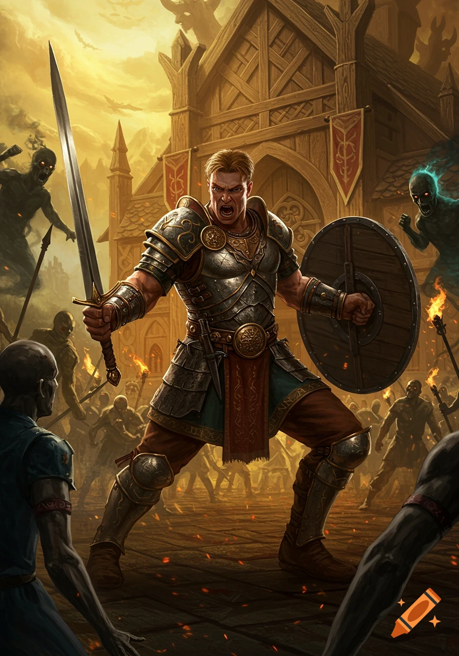 A fierce warrior in plate armor with a sword and shield battles an army ...