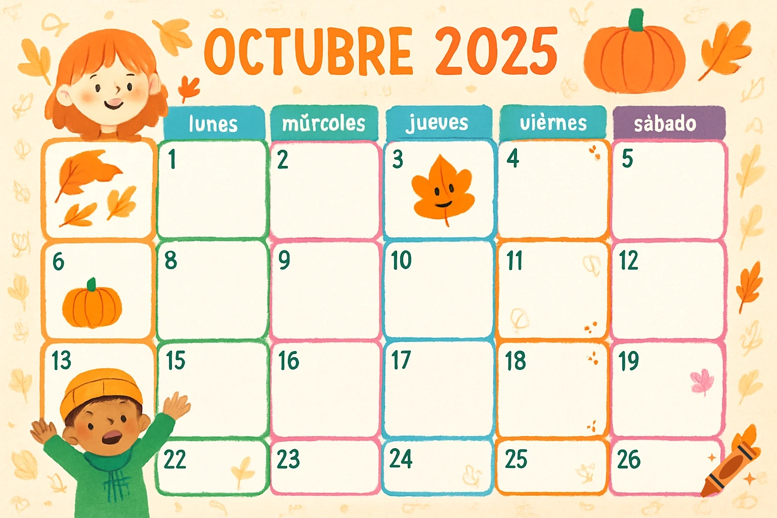 A colorful, childlike illustration of an October 2025 calendar with ...