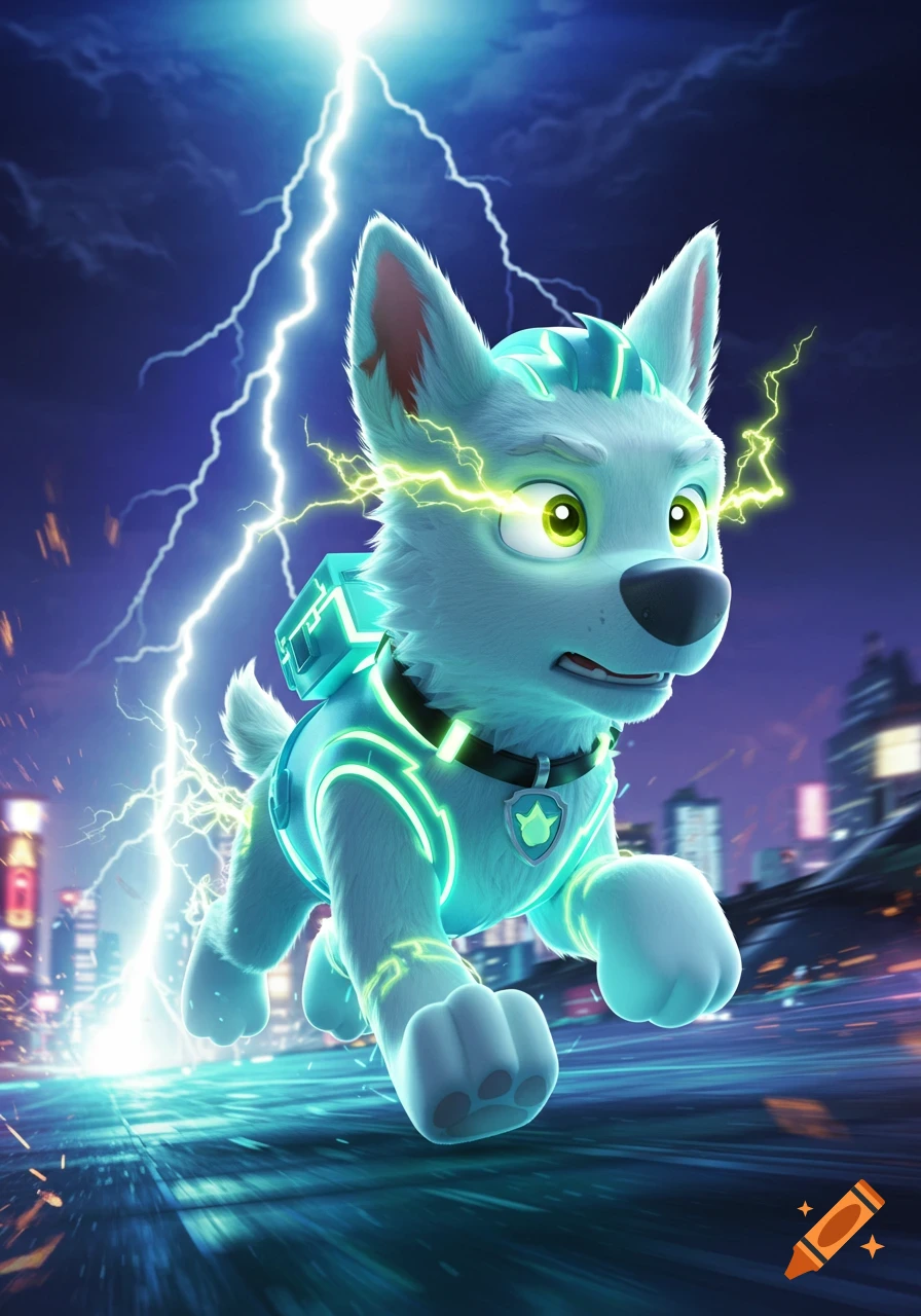 A white cartoon dog, Bolt from Paw Patrol, in a neon cyan power suit ...
